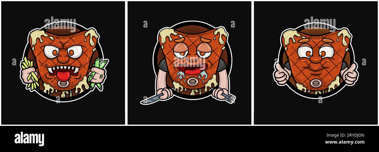 Set Of Beef Steak Mascot Cartoon. Evil, High and Smile Face. Circle ...