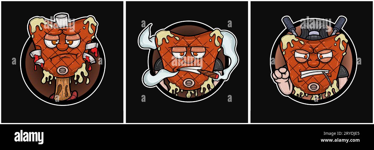 Set Of Beef Steak Mascot Cartoon. Sad, Smug and Angry Face. Circle Logo ...