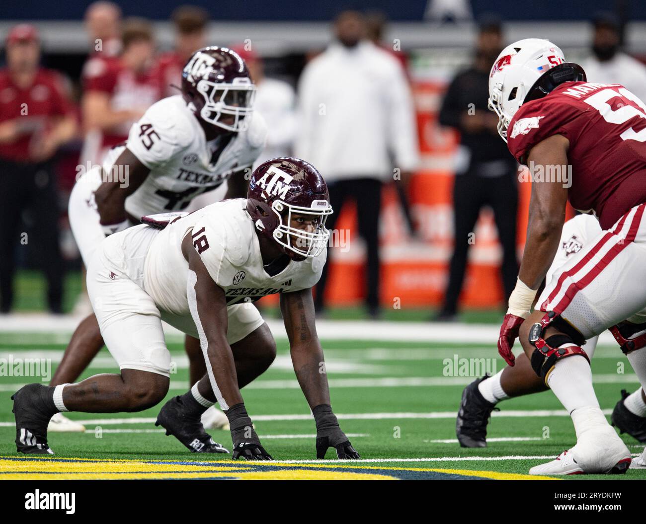 Arlington, Texas, USA. 30th Sep, 2023. Texas A&M player #18 DL LT ...
