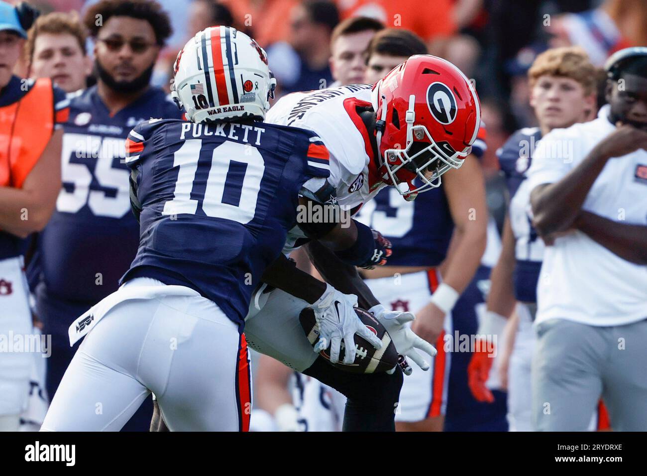 Georgia wide receiver Marcus Rosemy-Jacksaint (1) catches a pass as Auburn safety Zion Puckett ...
