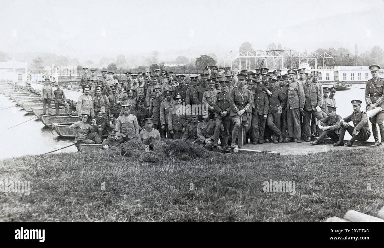 A group of Royal Engineers sappers on a pontoon bridge during the First ...