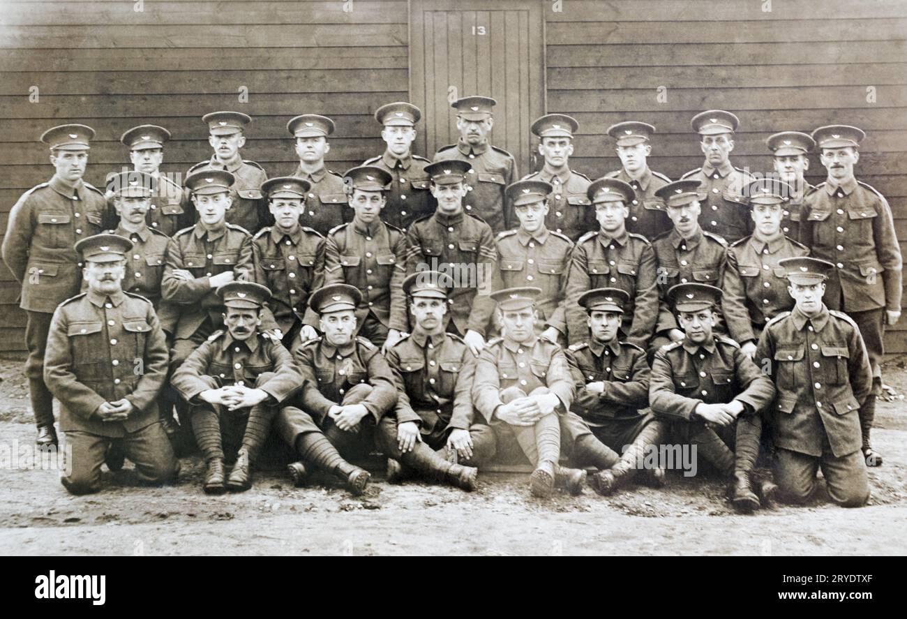 Soldiers of the King's Own Yorkshire Light Infantry outside a barracks hut during the First ...