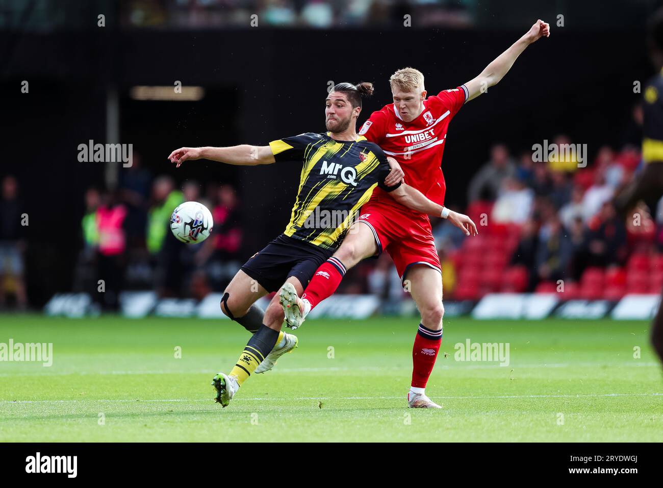 Middlesbrough's Josh Coburn battles for the ball against Watford's ...