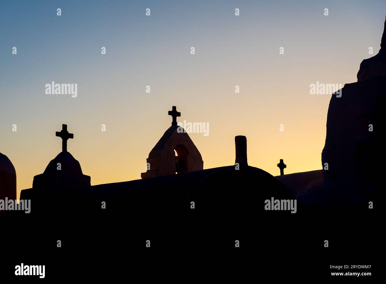 Orthodox crosses in the Panagia Paraportiani church at sunset Stock ...