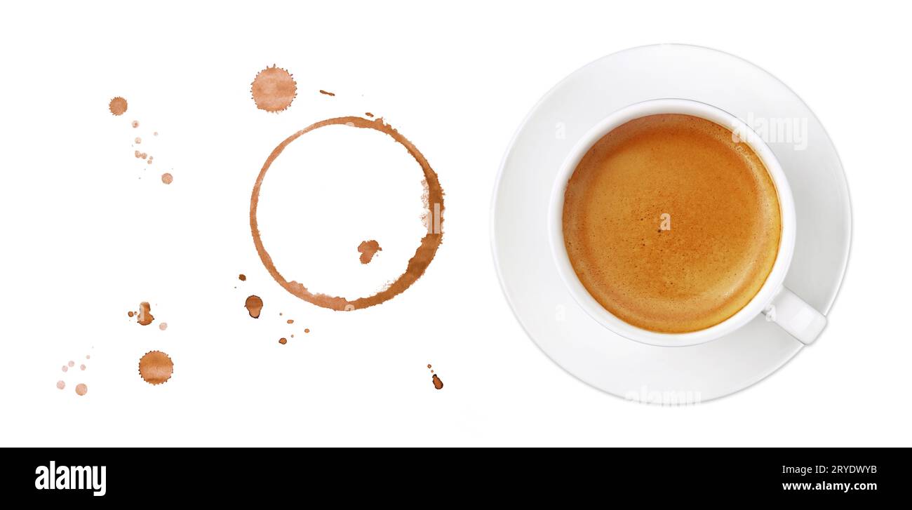 Coffee cup, stains and drops on white background Stock Photo - Alamy