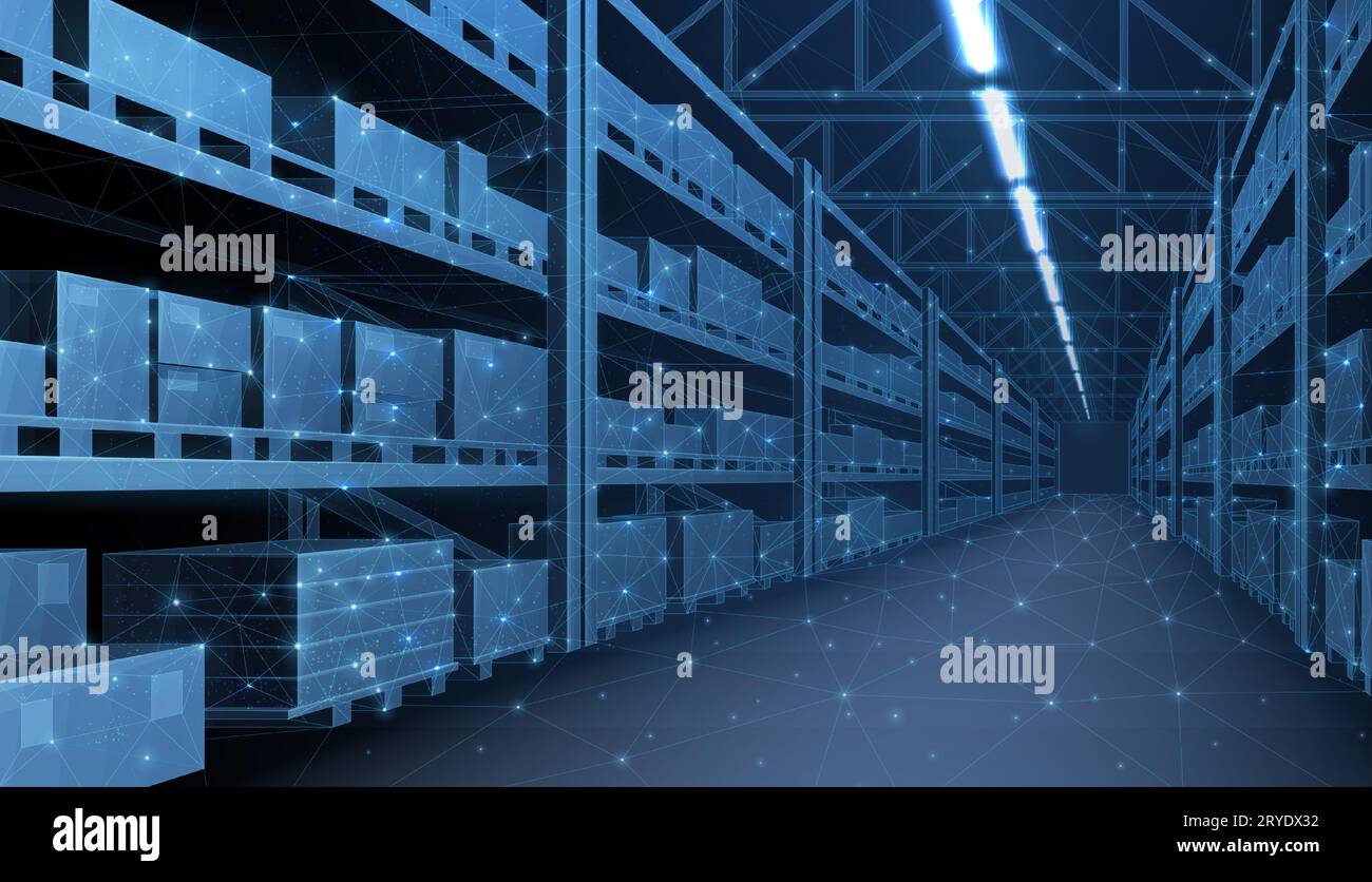 Smart warehouse. Automatic stock storage, modern distribution building ...