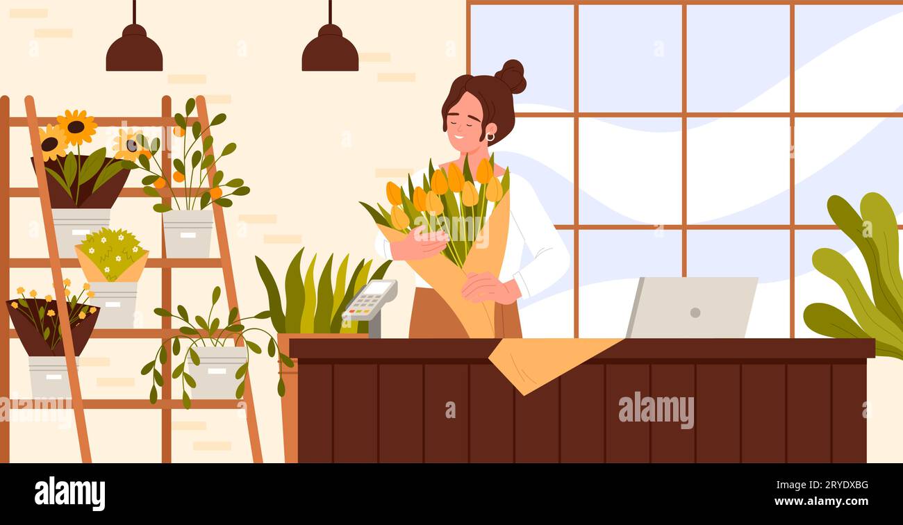 Girl arranging flower Stock Vector Images - Alamy