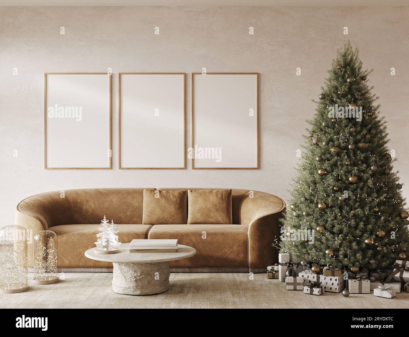 Boho beige livingroom with decorated Christmas tree and gift background ...