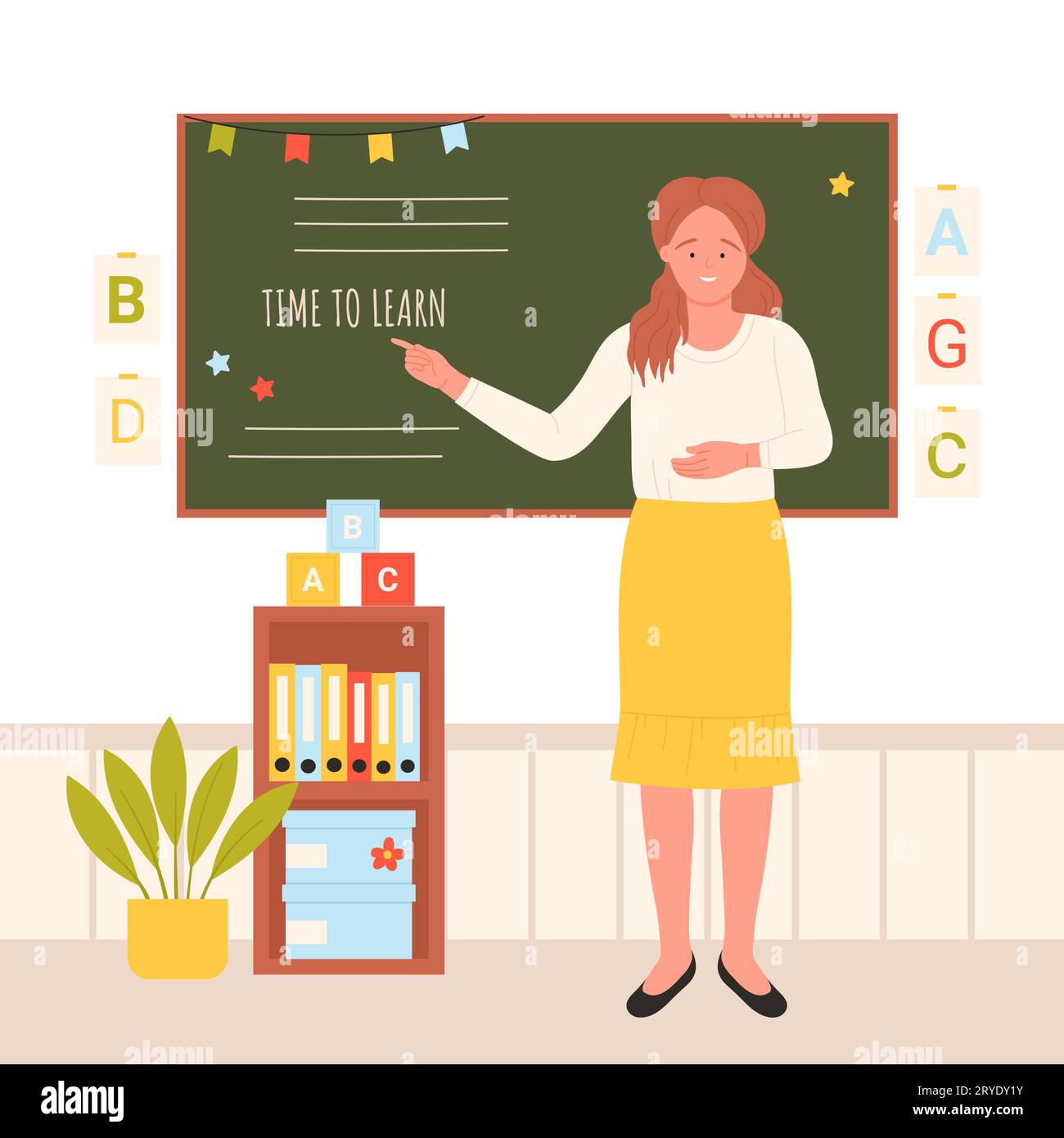 Primary school teacher standing at board in modern classroom interior ...