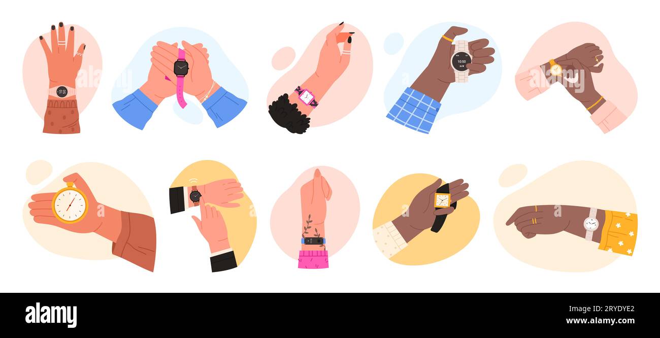 Hands with wrist watch set vector illustration. Cartoon isolated arm or ...