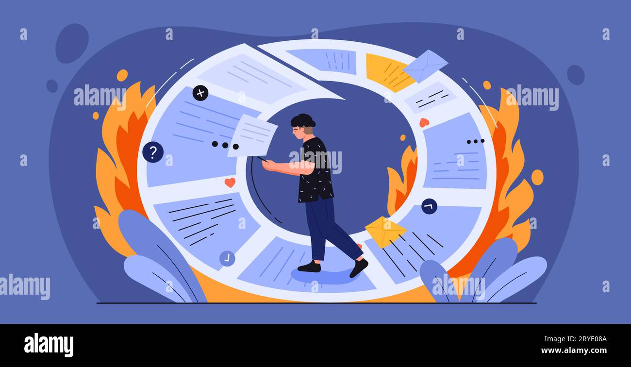 Scrolling online news vector illustration. Cartoon man walking endless ...