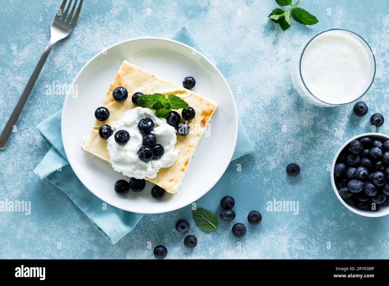 Cottage cheese cheesecake slice with fresh blueberry, top down view ...