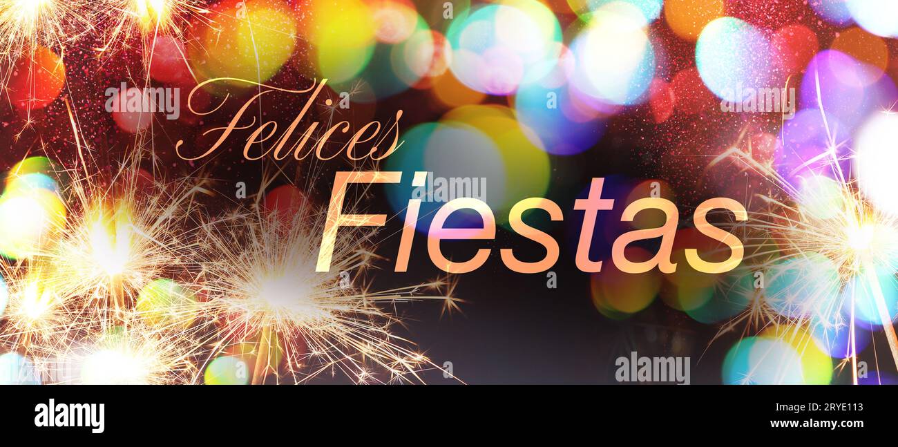 Beautiful greeting card with text FELICES FIESTAS with colorful lights ...