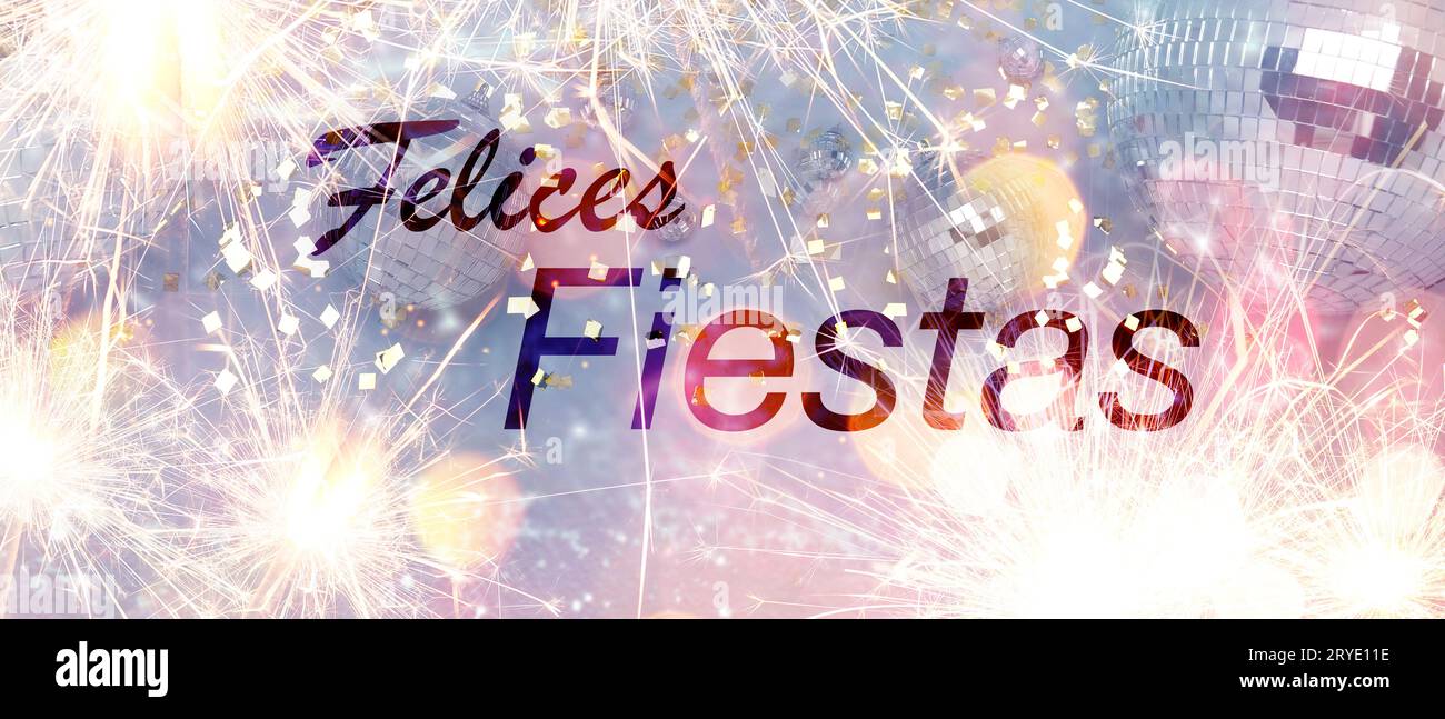 Beautiful greeting card with text FELICES FIESTAS with glowing lights ...
