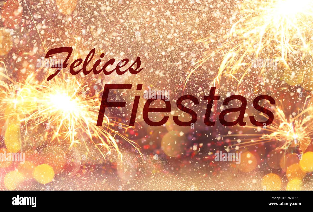 Beautiful greeting card with text FELICES FIESTAS with shining golden ...