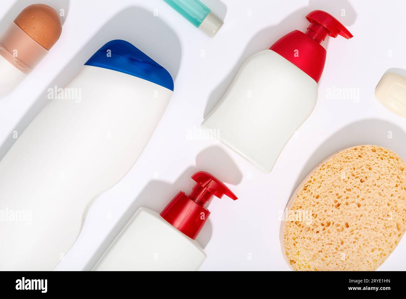 Assorted personal hygiene products on white background Stock Photo - Alamy