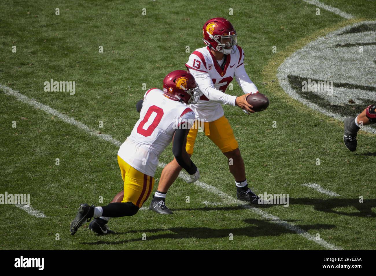 BOULDER, CO - SEPTEMBER 30: USC Trojans quarterback Caleb Williams (13) hands off to USC Trojans ...