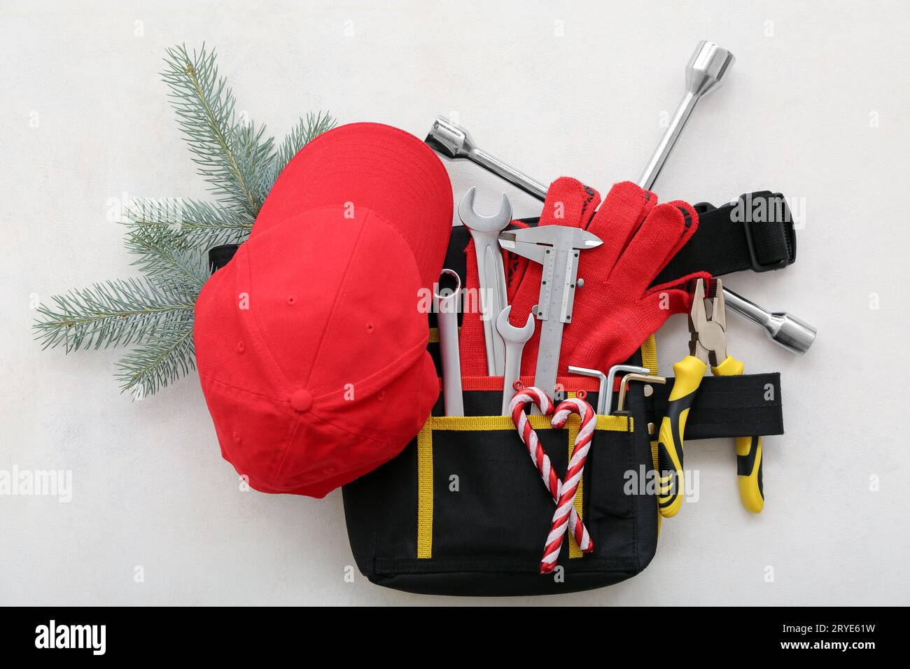 Technician's tools with Christmas decor on white background Stock Photo ...