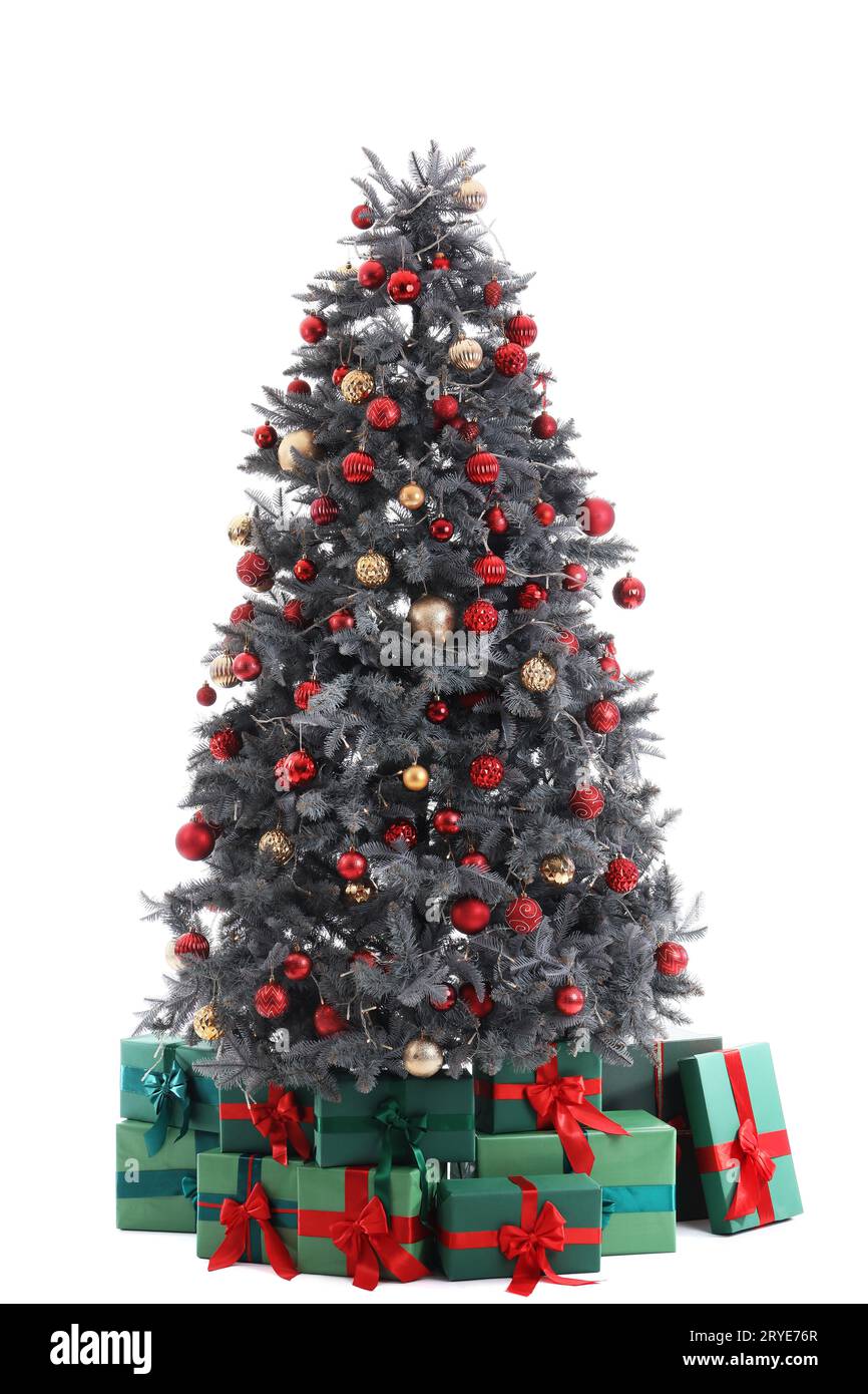 Gift boxes under Christmas tree isolated on white background Stock ...