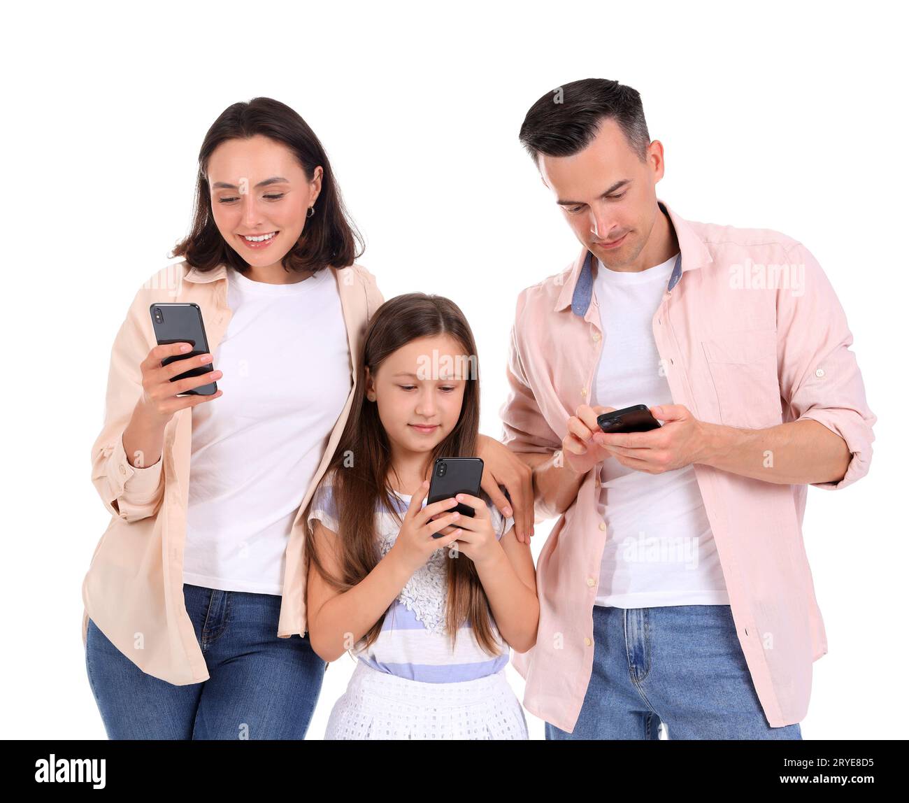 Happy family with mobile phones isolated on white background Stock ...