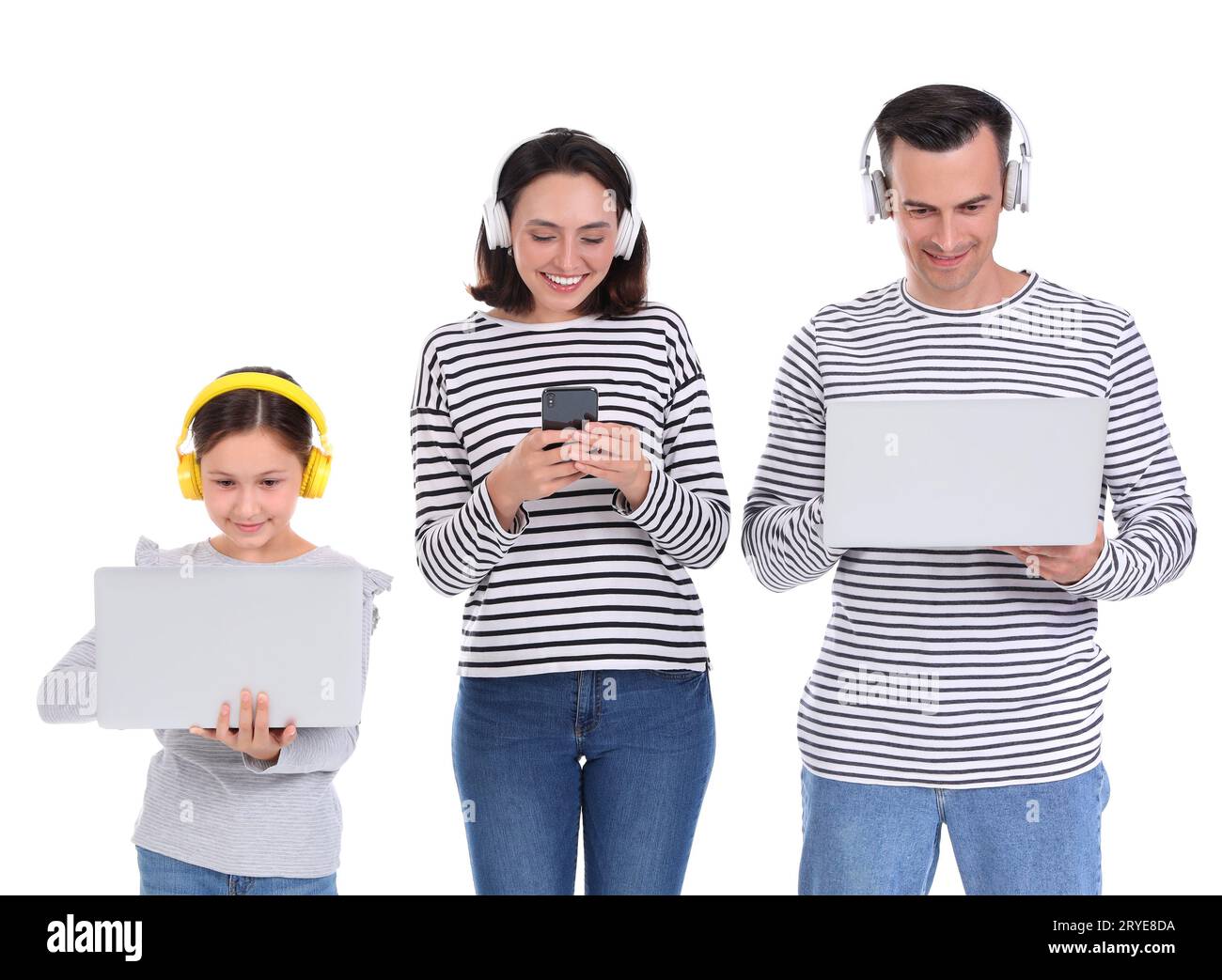 Happy family with gadgets isolated on white background Stock Photo - Alamy
