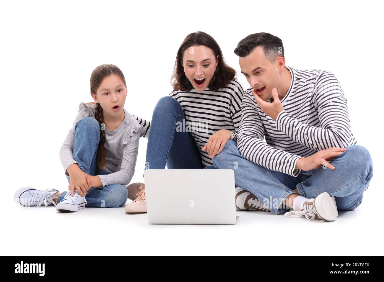 Happy family with laptop isolated on white background Stock Photo - Alamy