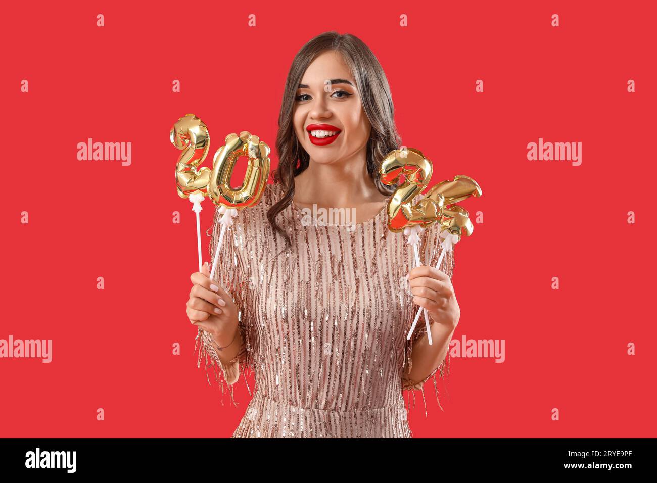 Young woman with figure 2024 on red background. New Year celebration ...