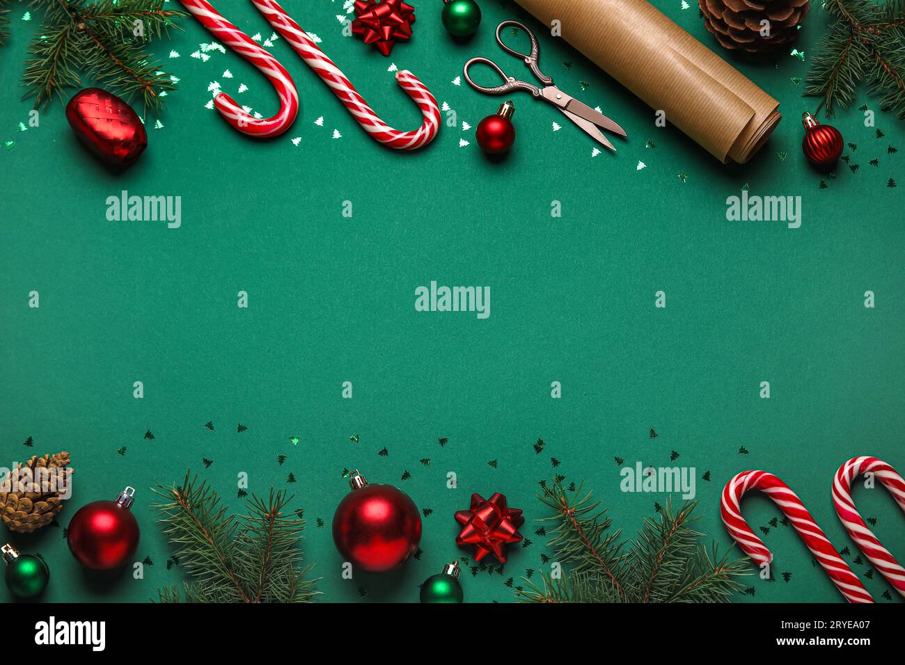 Composition with fir branches, Christmas decorations, scissors and ...