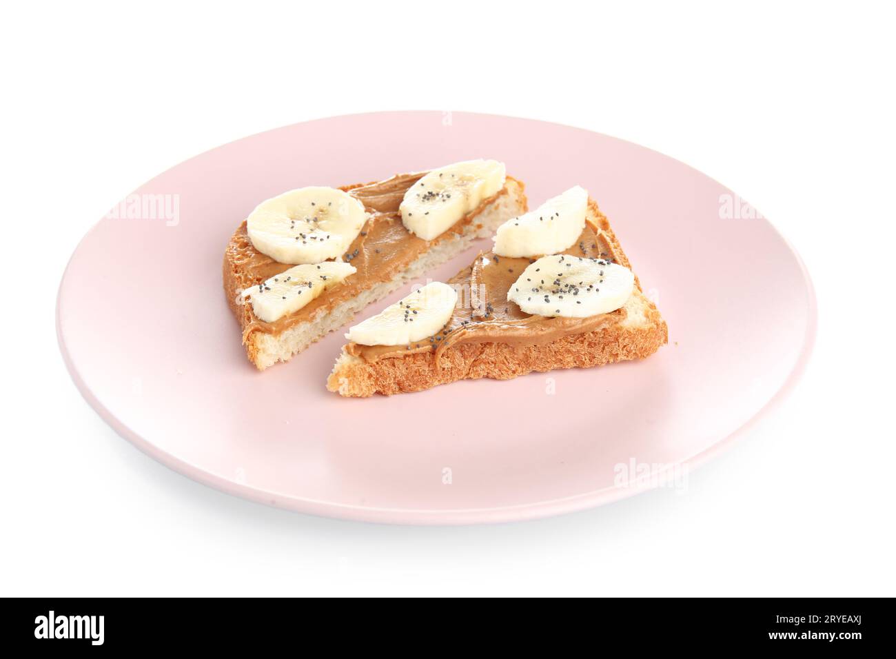 Plate of cut toast with peanut butter and banana on white background ...