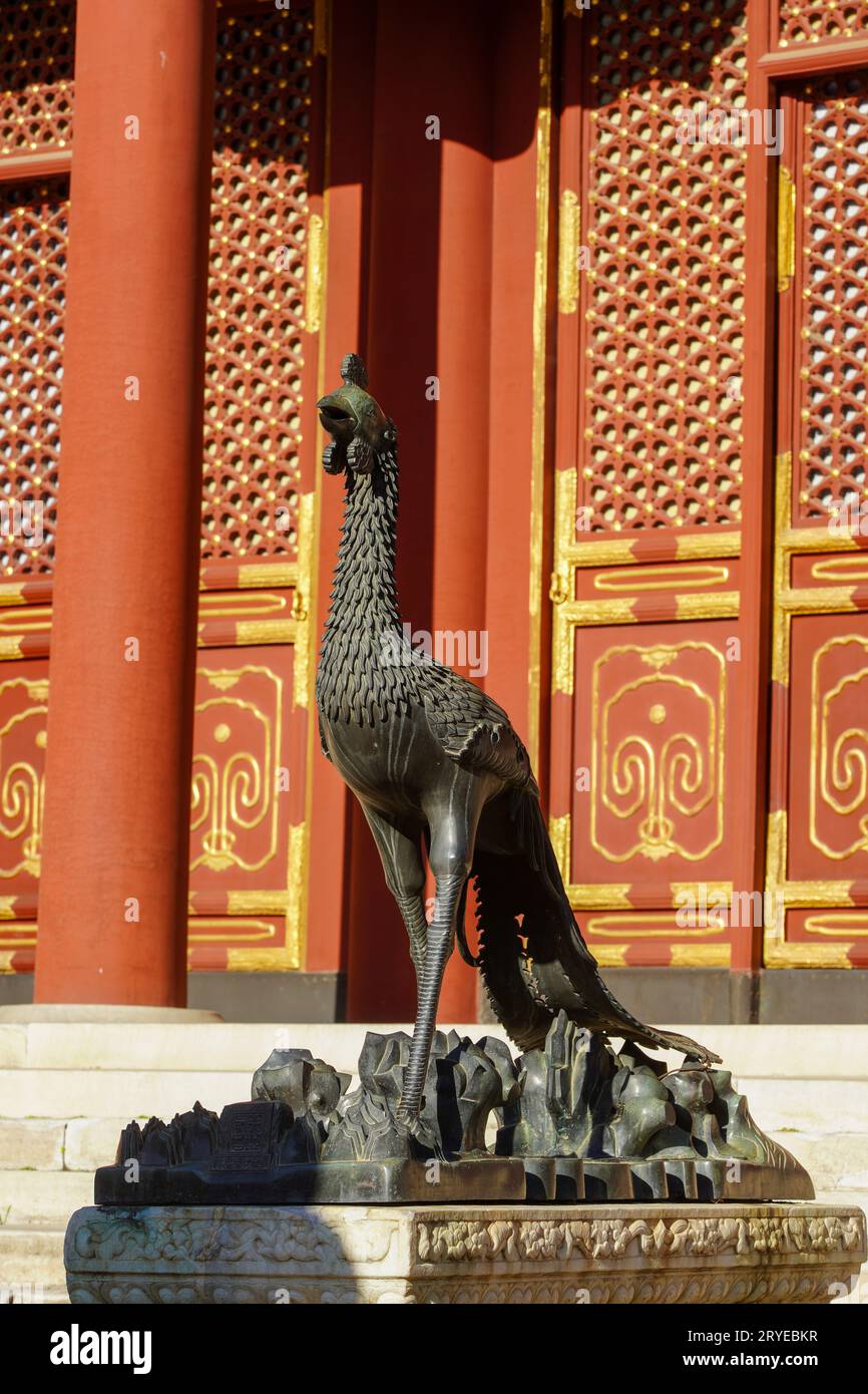 Beijing City, China - July 8, 2023: Bronze Phoenix Sculpture in Summer ...