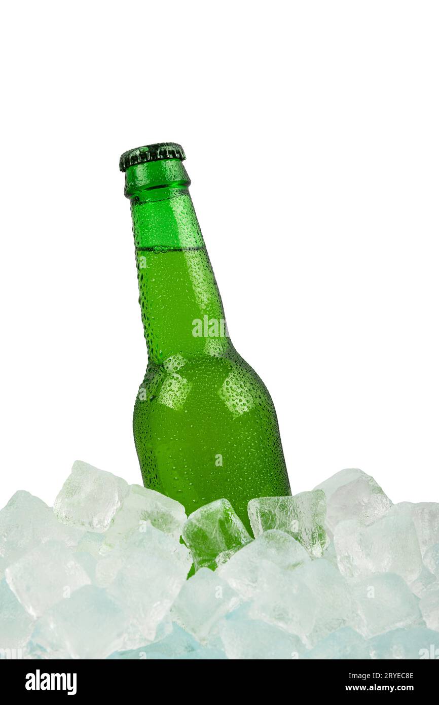 One bottle of cold lager beer on ice cubes Stock Photo - Alamy
