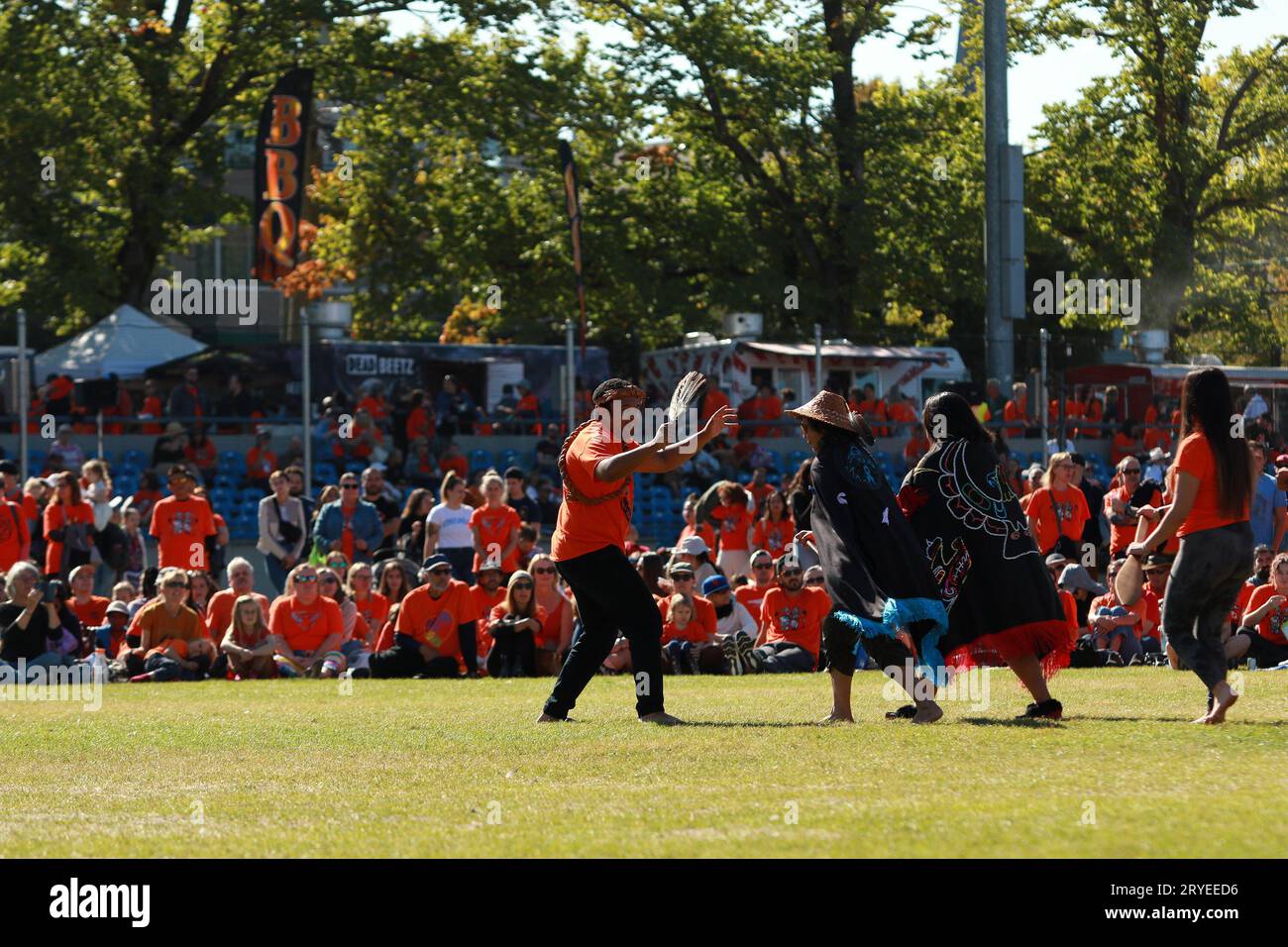 Victoria, Can. 30th Sep, 2023. Ahousat First Nations members perform ...
