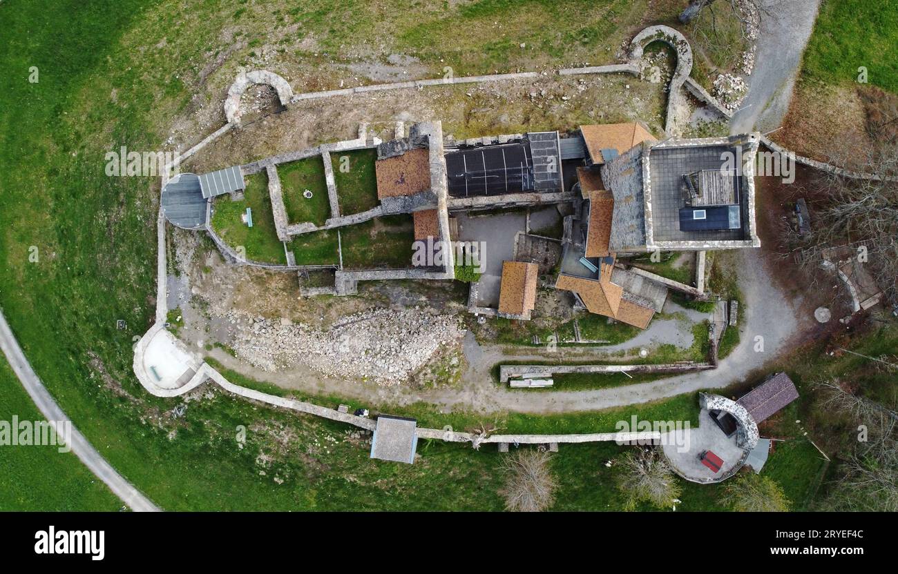 Aerial view with drone of medieval castle ruin near Sulzberg in Allgäu ...