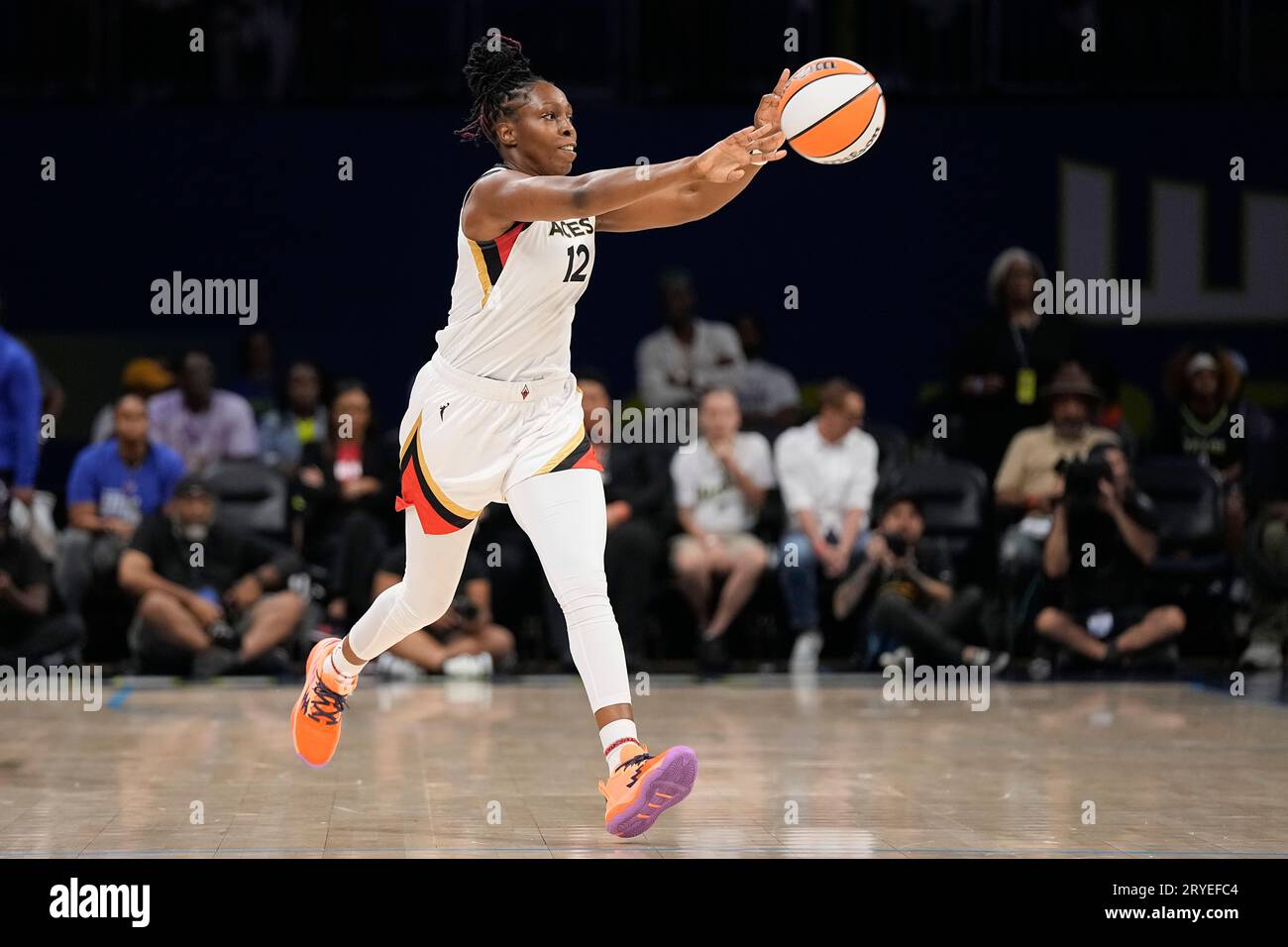 Las Vegas Aces guard Chelsea Gray passes the ball during the first half ...