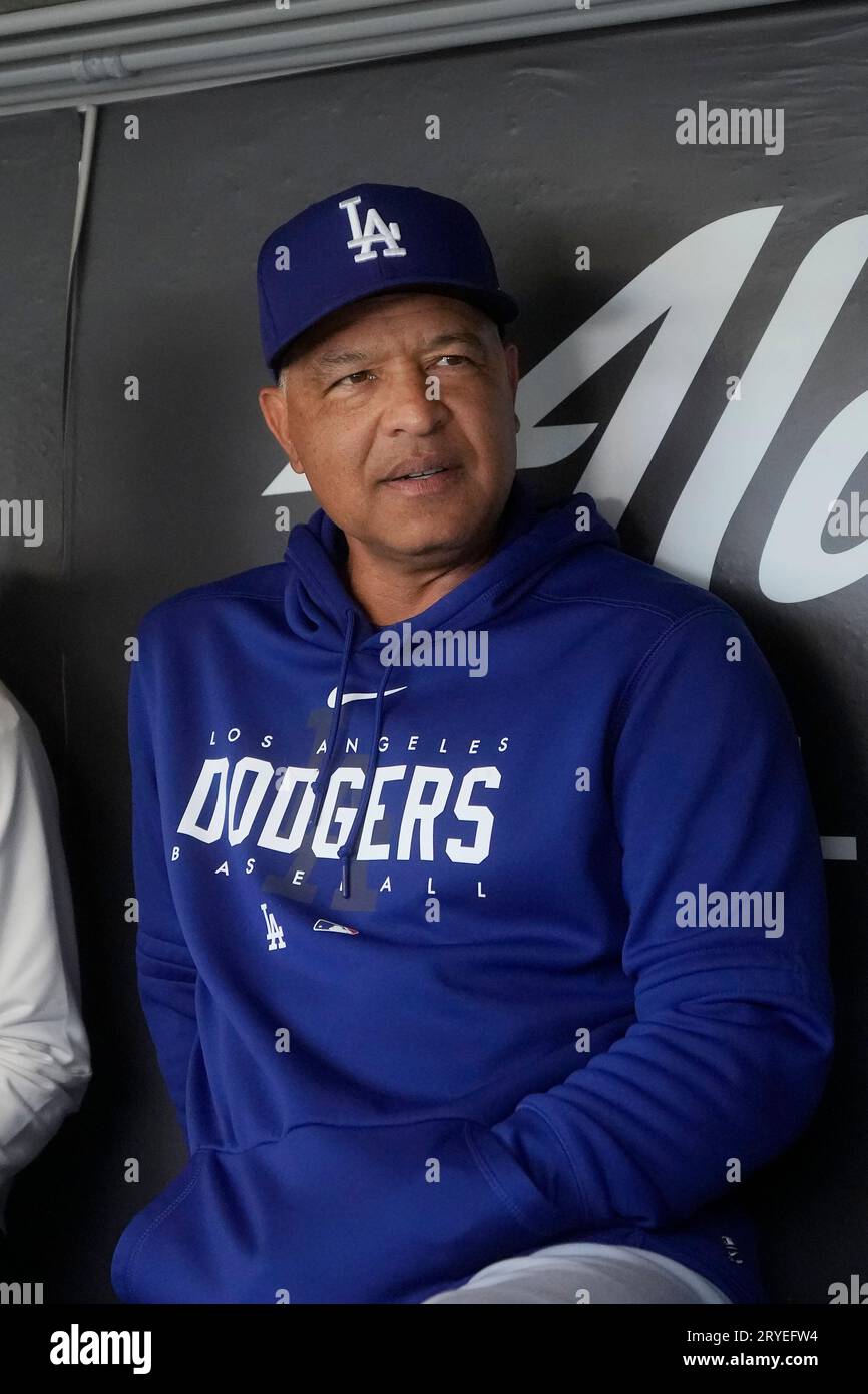 Los Angeles Dodgers manager Dave Roberts speaks with reporters before a ...