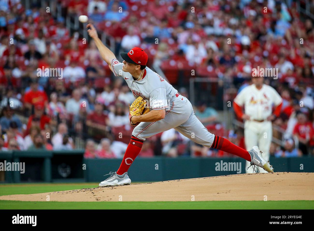 Cincinnati Reds starting pitcher Connor Phillips (34) throws to a St ...