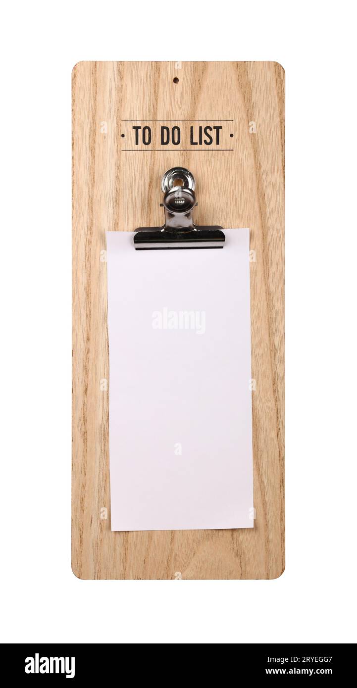 Wooden holder with white paper to do list Stock Photo - Alamy