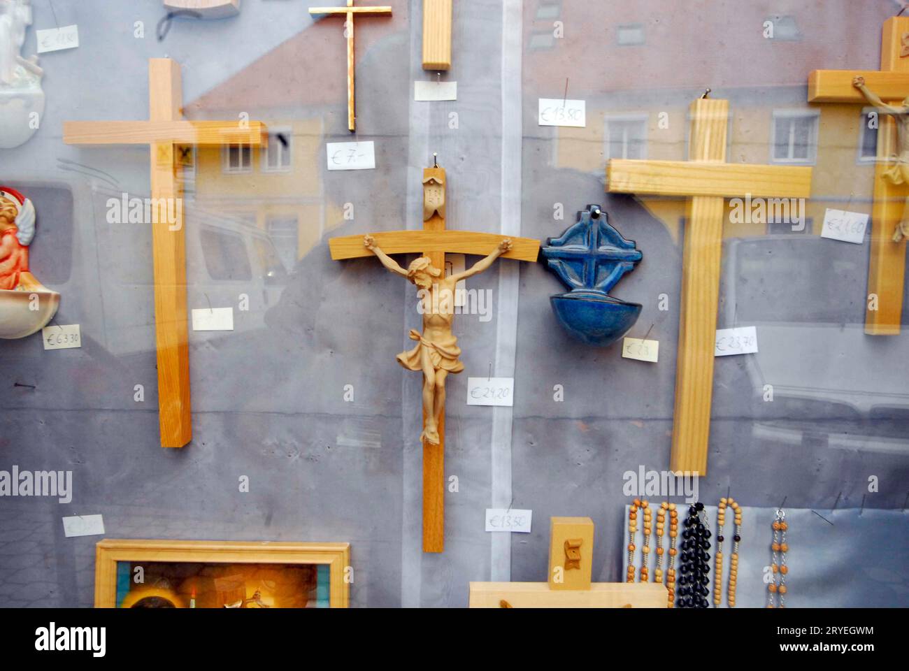 Christian crosses, crucifixes, behind shopping window Stock Photo - Alamy