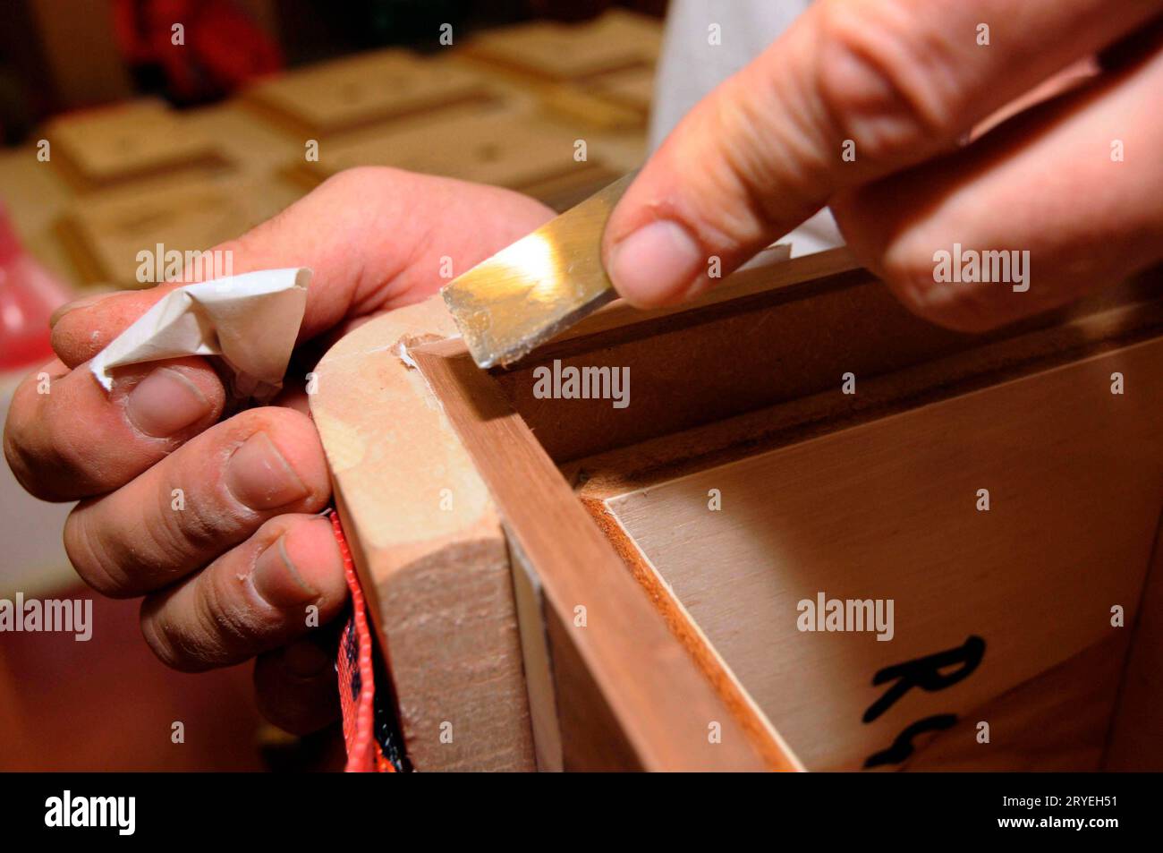 Chiseling wood in the carpentry Stock Photo - Alamy