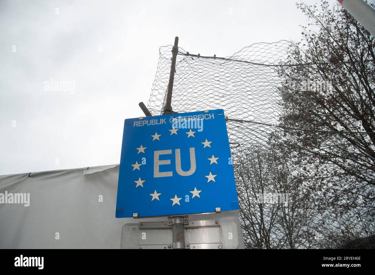 EU sign, blue with yellow stars at the Border Stock Photo - Alamy