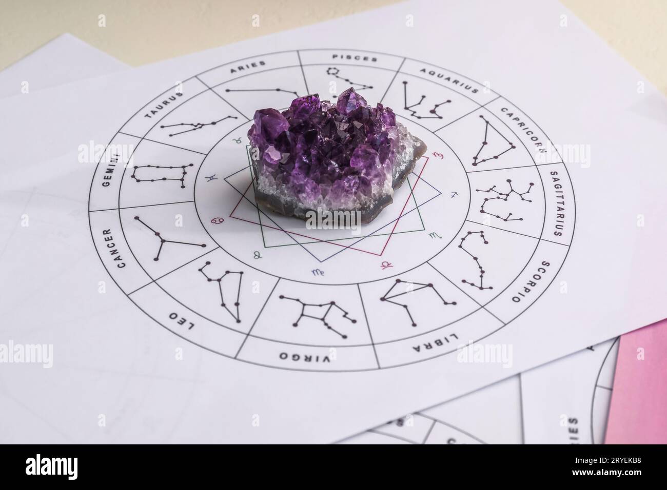 Zodiac wheel and gemstone for making forecast of fate on table, closeup ...