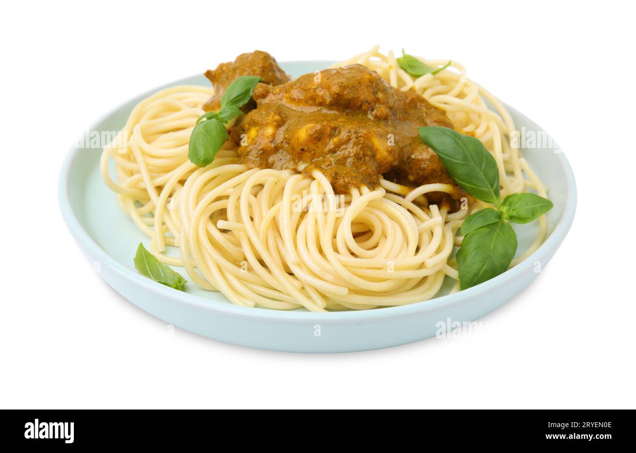 Delicious pasta and chicken with curry sauce isolated on white Stock ...