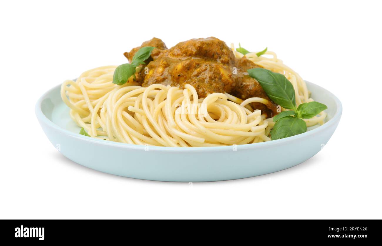 Delicious pasta and chicken with curry sauce isolated on white Stock ...