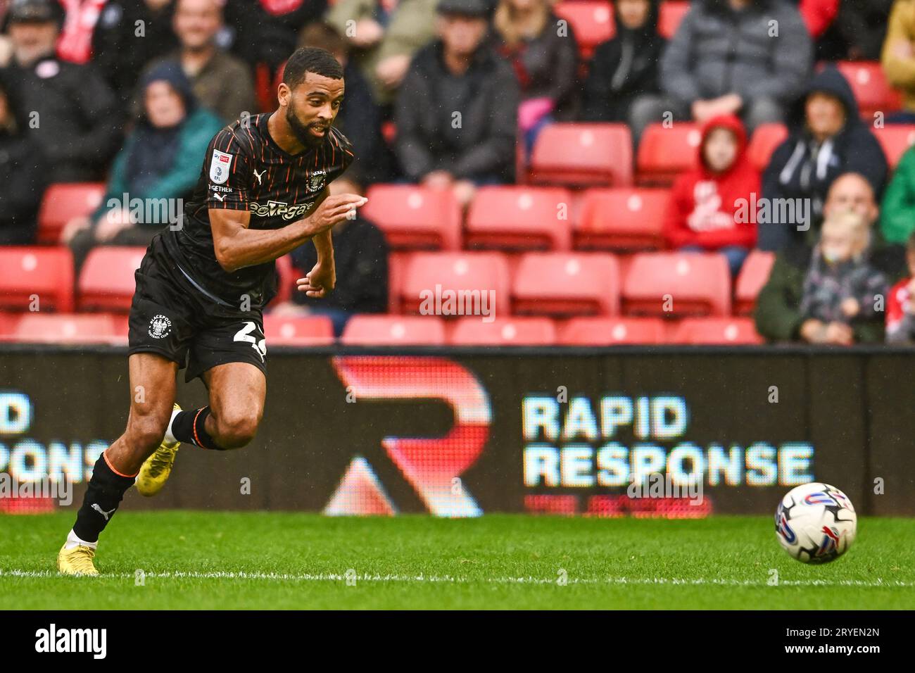 CJ Hamilton #22 of Blackpool makes a break with the ball during the Sky ...