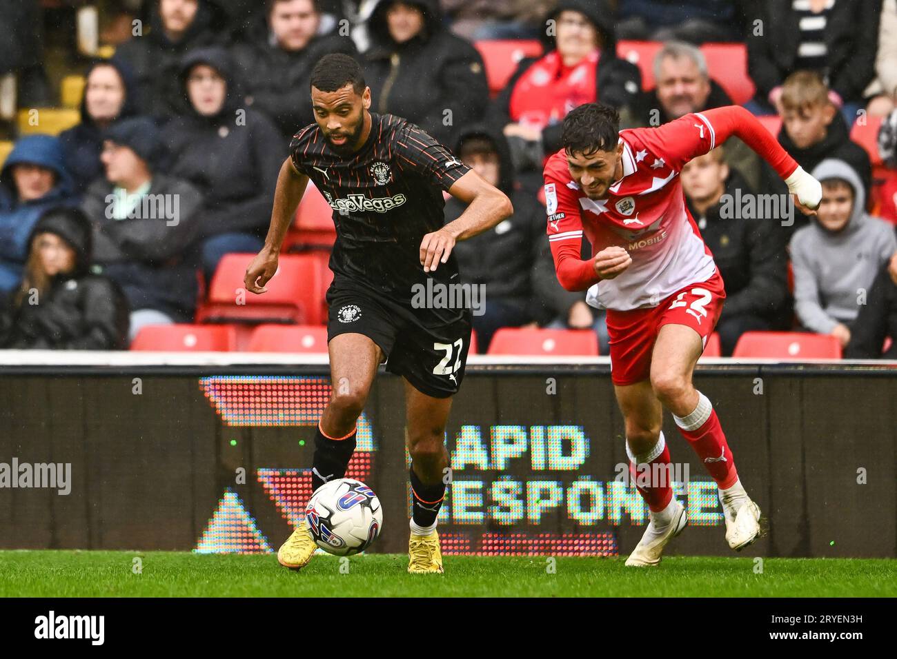 CJ Hamilton #22 of Blackpool makes a break with the ball during the Sky ...
