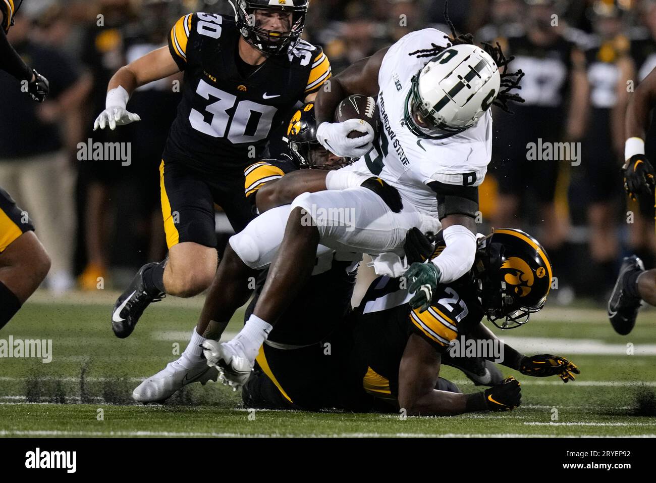 Michigan State tight end Maliq Carr (6) is tackled by Iowa defensive ...