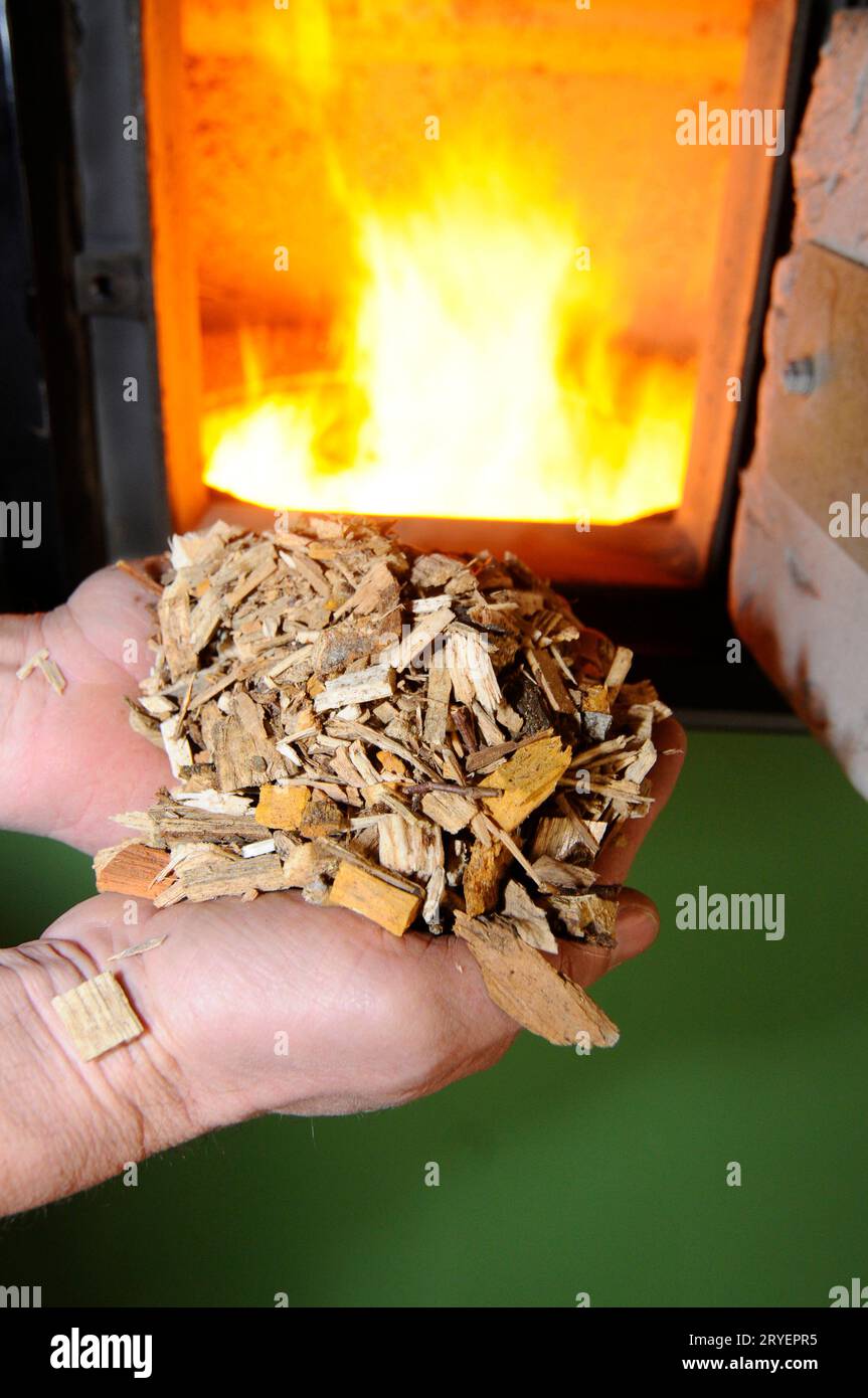 Heating with wood chips at home Stock Photo - Alamy