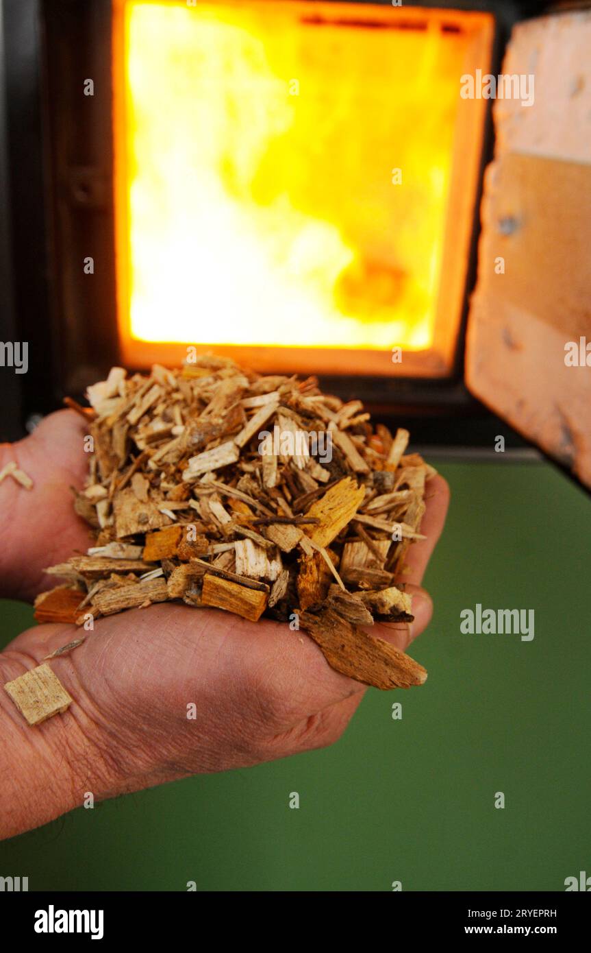 Heating with wood chips at home Stock Photo - Alamy