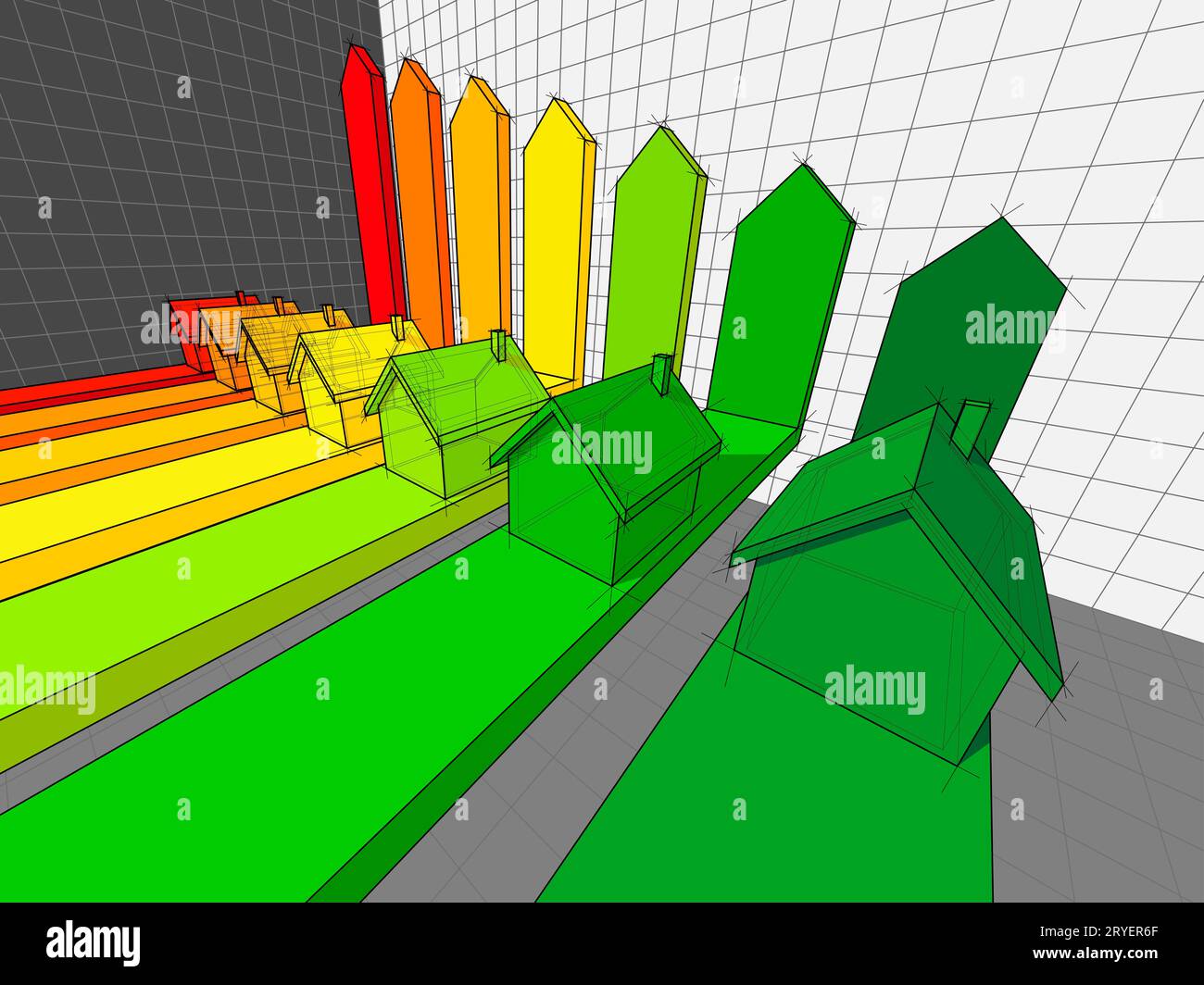 Seven houses certified in seven energetic classes in a business diagram ...
