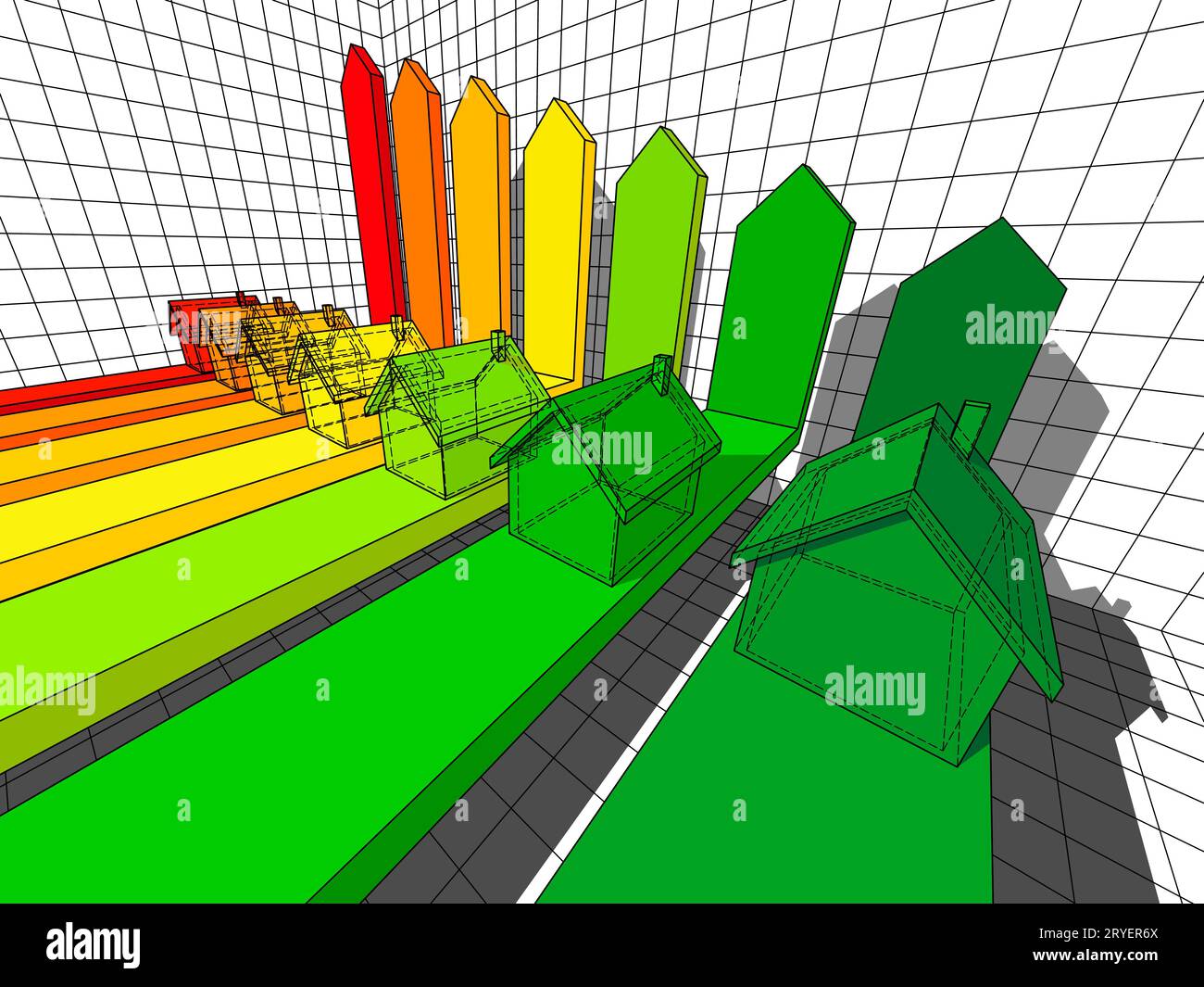 Seven houses certified in seven energetic classes in a business diagram ...